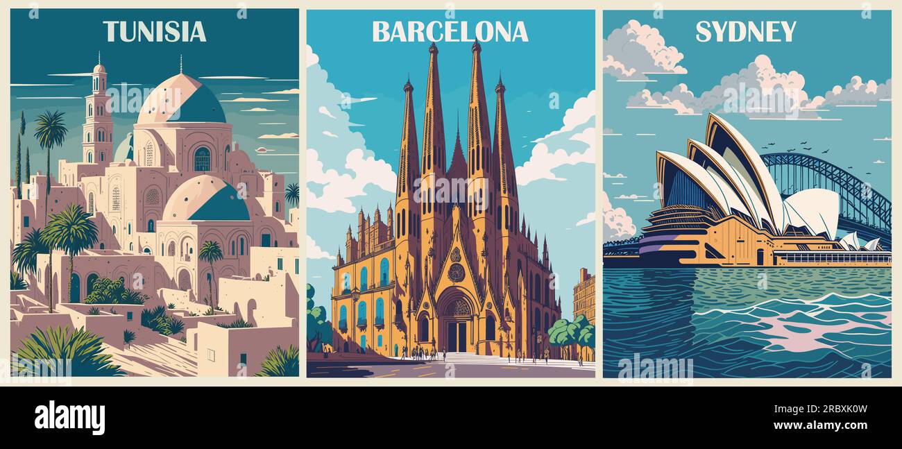 Set of Travel Destination Posters in retro style Stock Vector Image ...