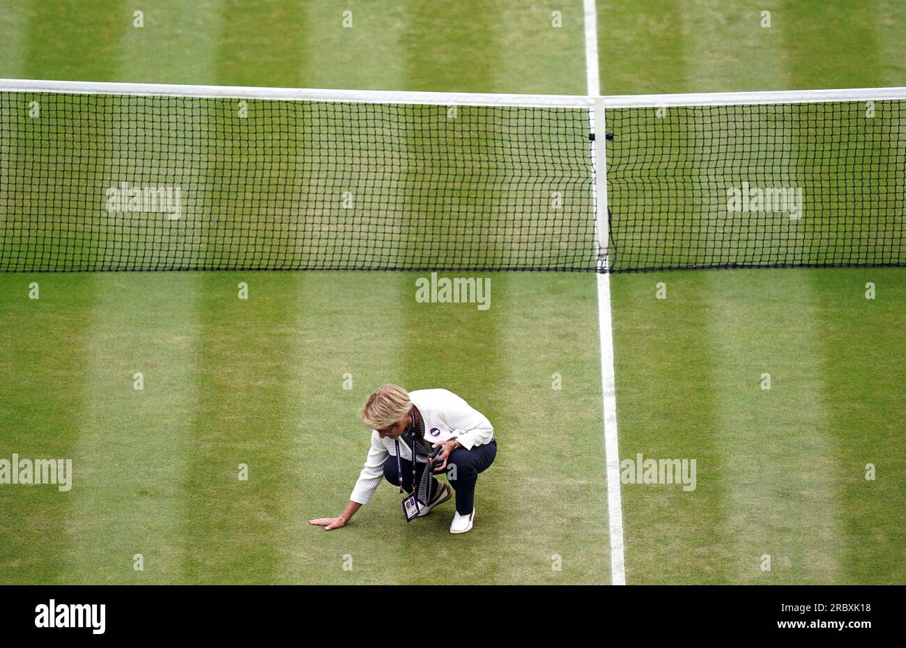 The match referee checks on the playing surface as rain stops play on ...