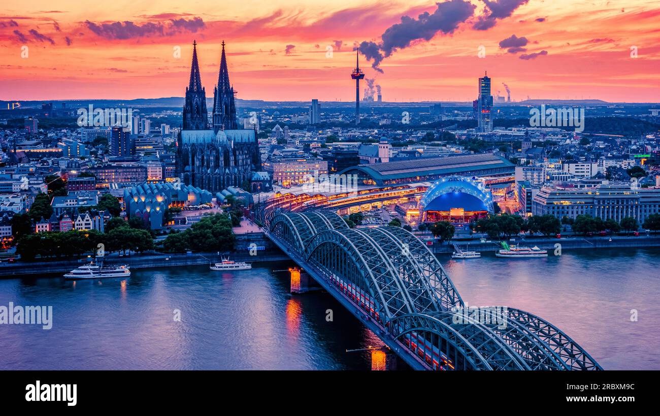 Cologne Koln Germany during sunset, Cologne bridge with the cathedral ...