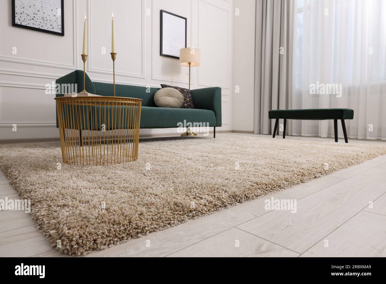 Stylish living room with soft beige carpet, coffee table and sofa ...
