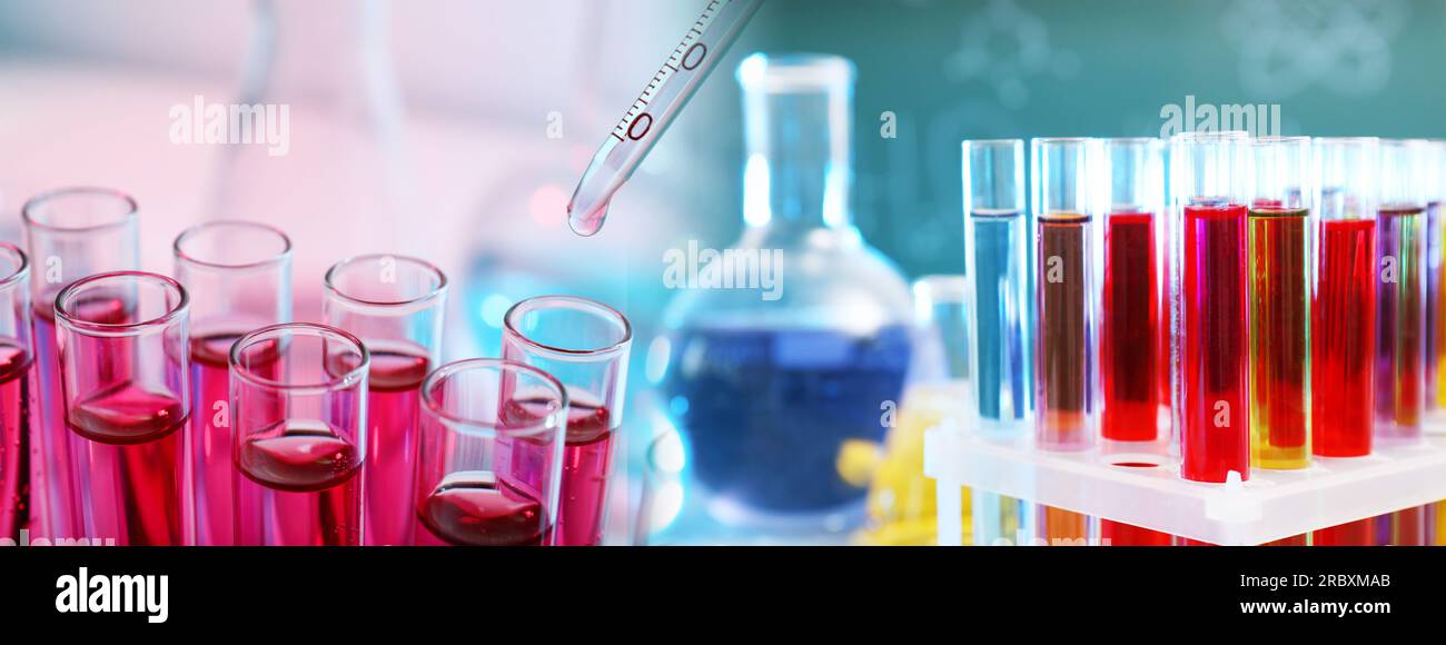 Chemistry and chemical research. Collage of different laboratory ...
