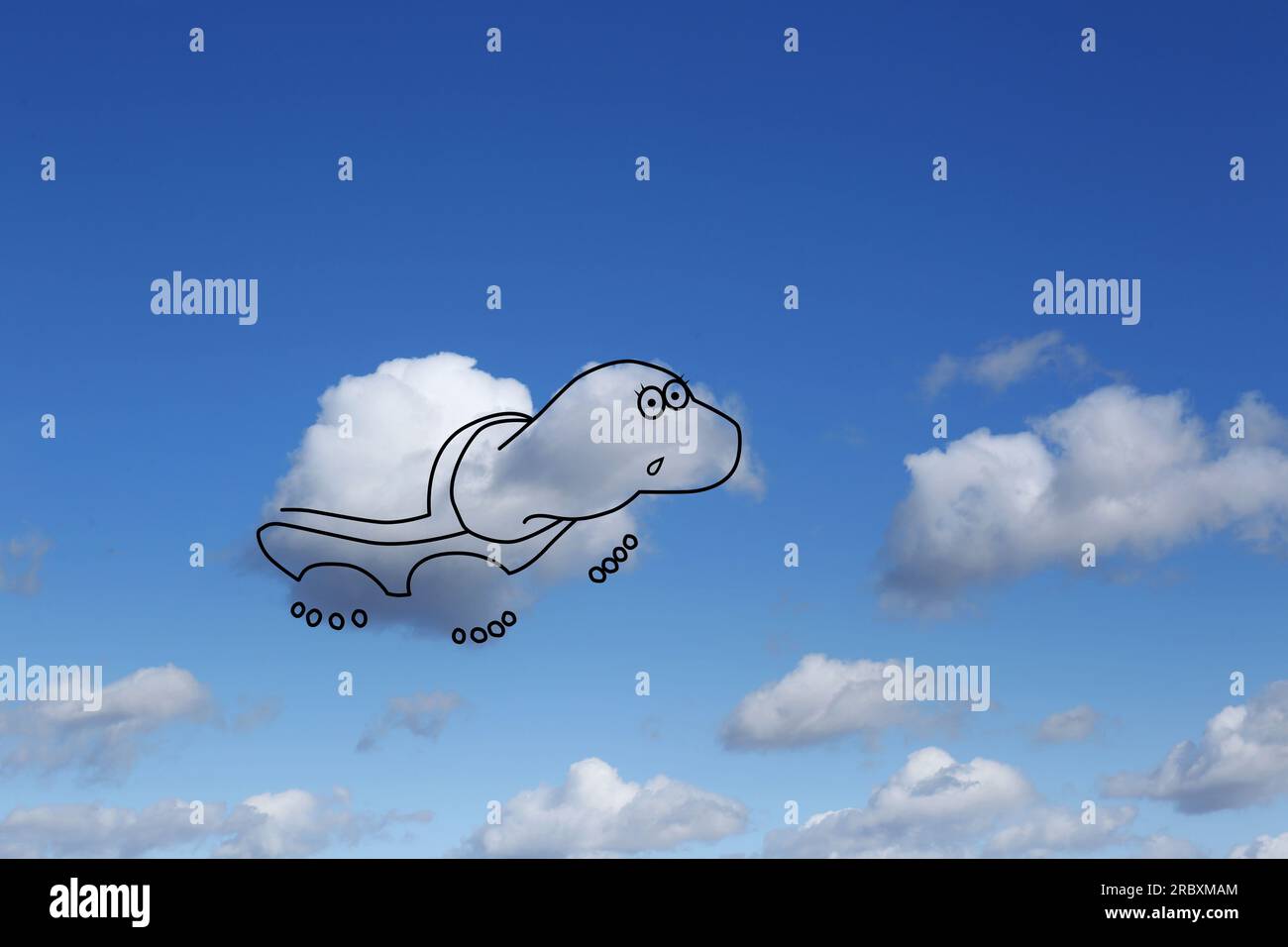 Imagination and creativity. Fluffy cloud in shape of turtle with drawn ...