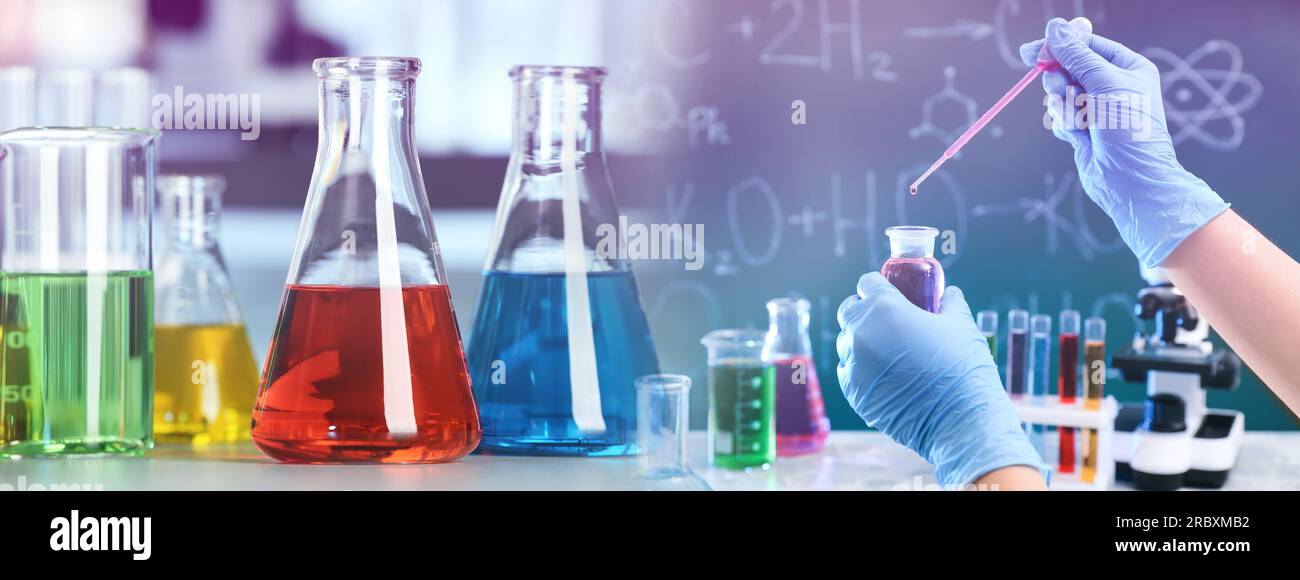 Chemistry and chemical research. Collage of laboratory glassware and ...