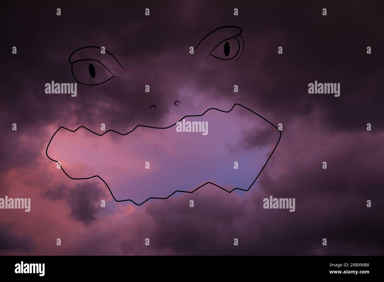 Imagination and creativity. Fluffy cloud resembling scary face in sky ...