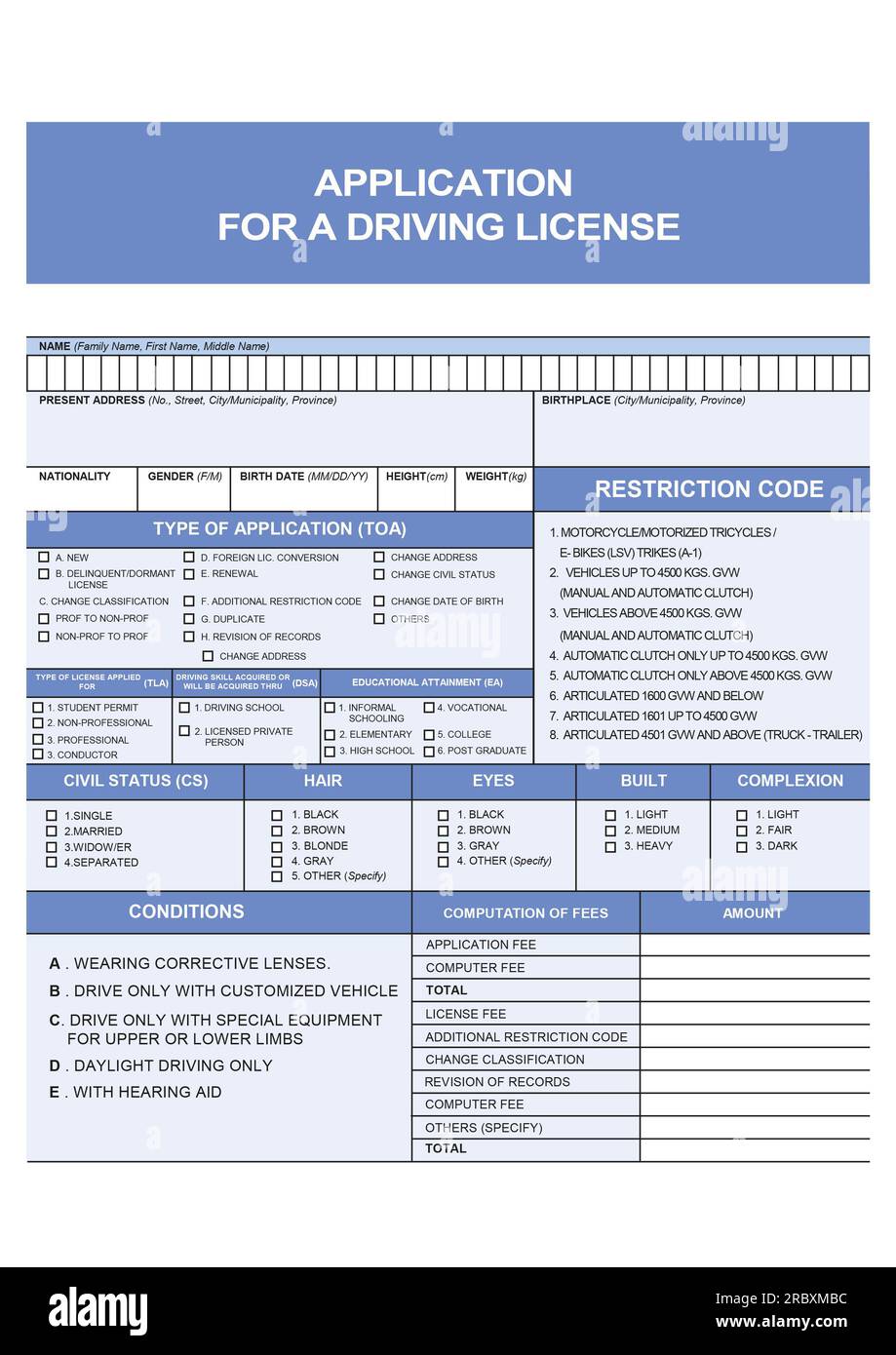 Driver's license application form with empty fields Stock Photo - Alamy