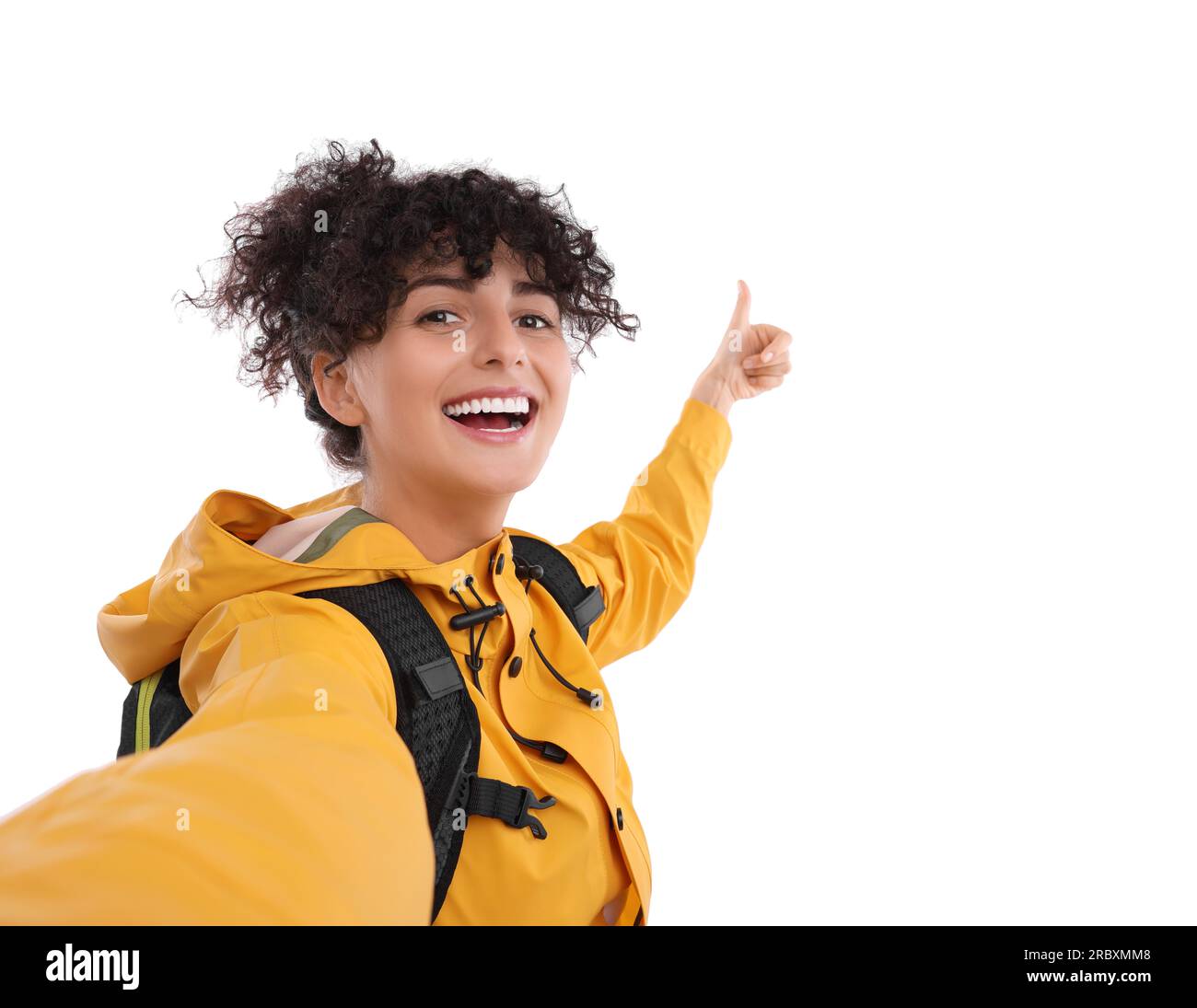 Beautiful woman taking selfie on white background Stock Photo - Alamy