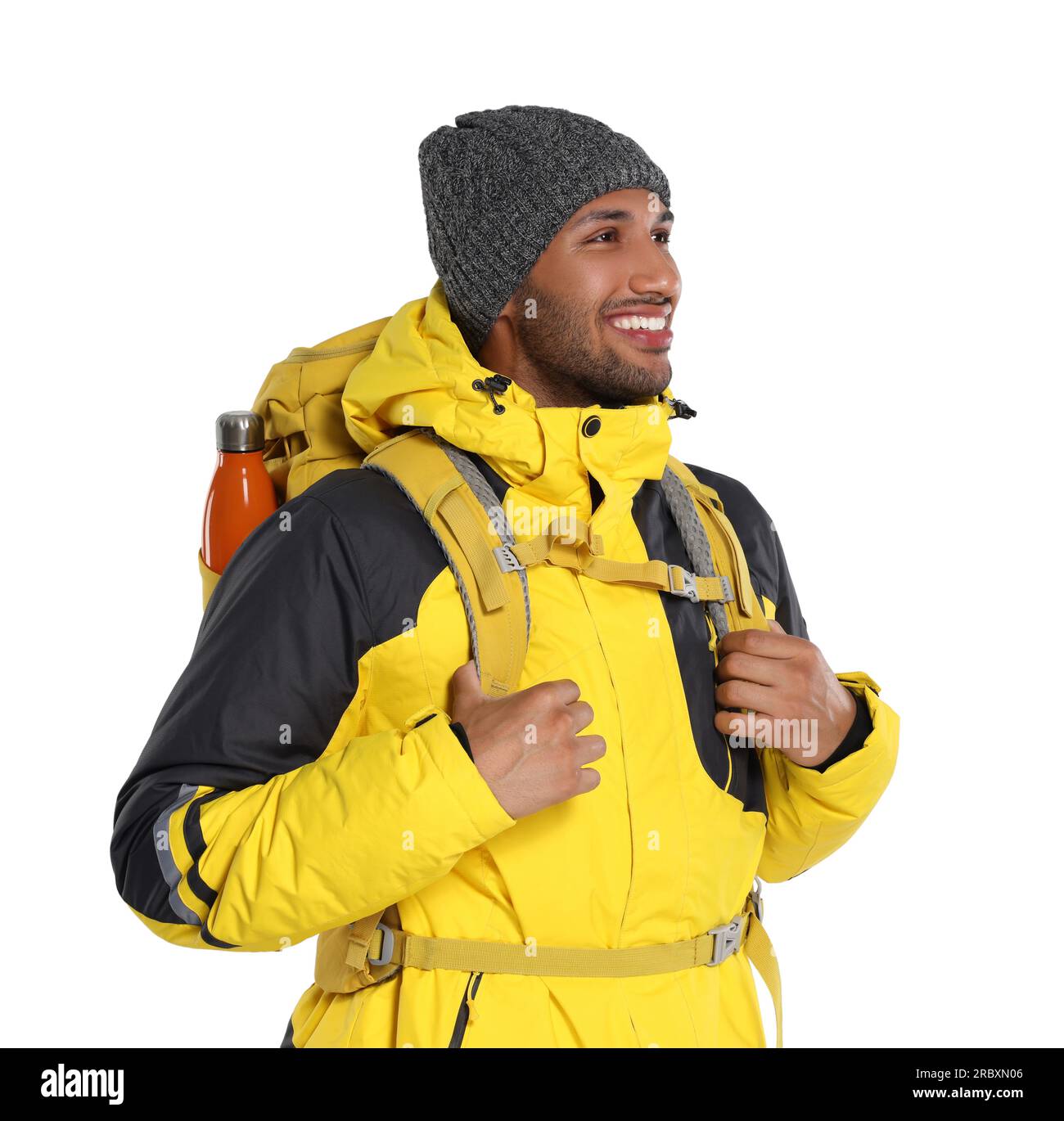 Happy tourist with backpack on white background Stock Photo - Alamy