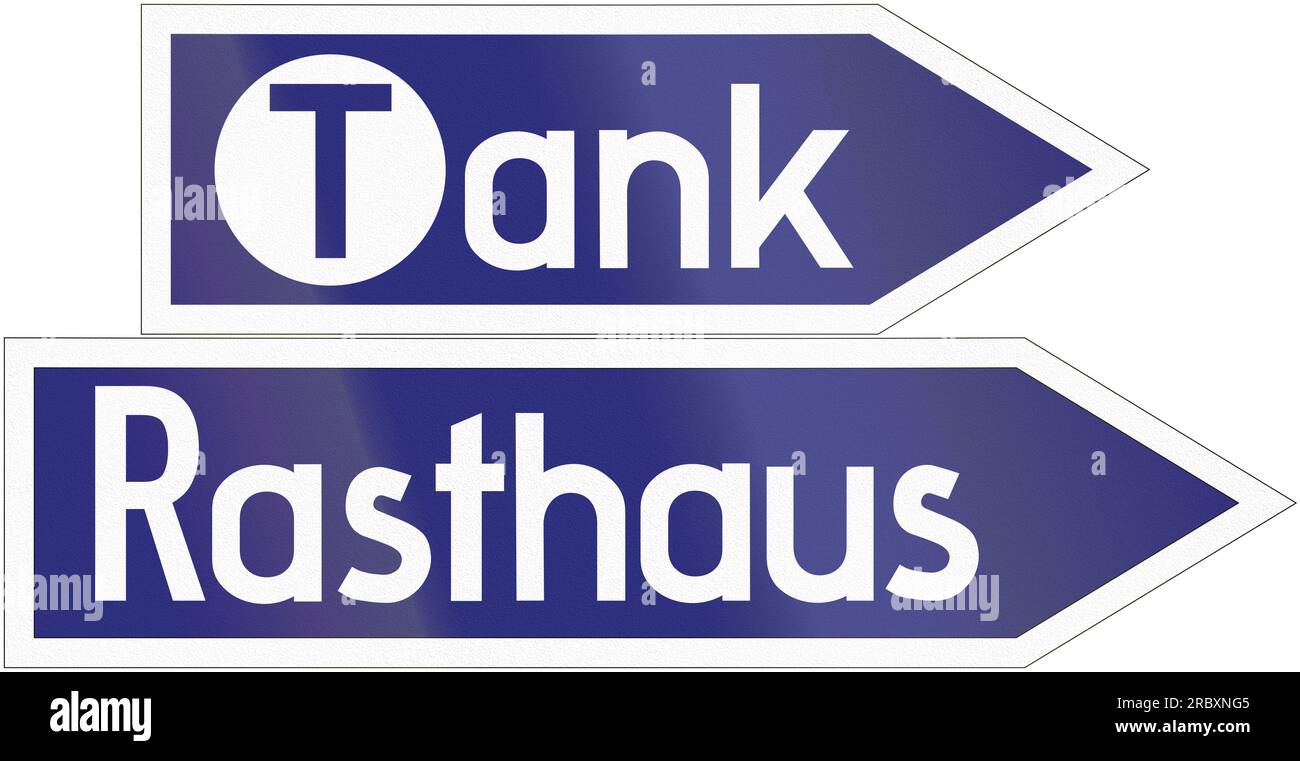 Old design (1937) of a highway sign announcing a gas station and a ...