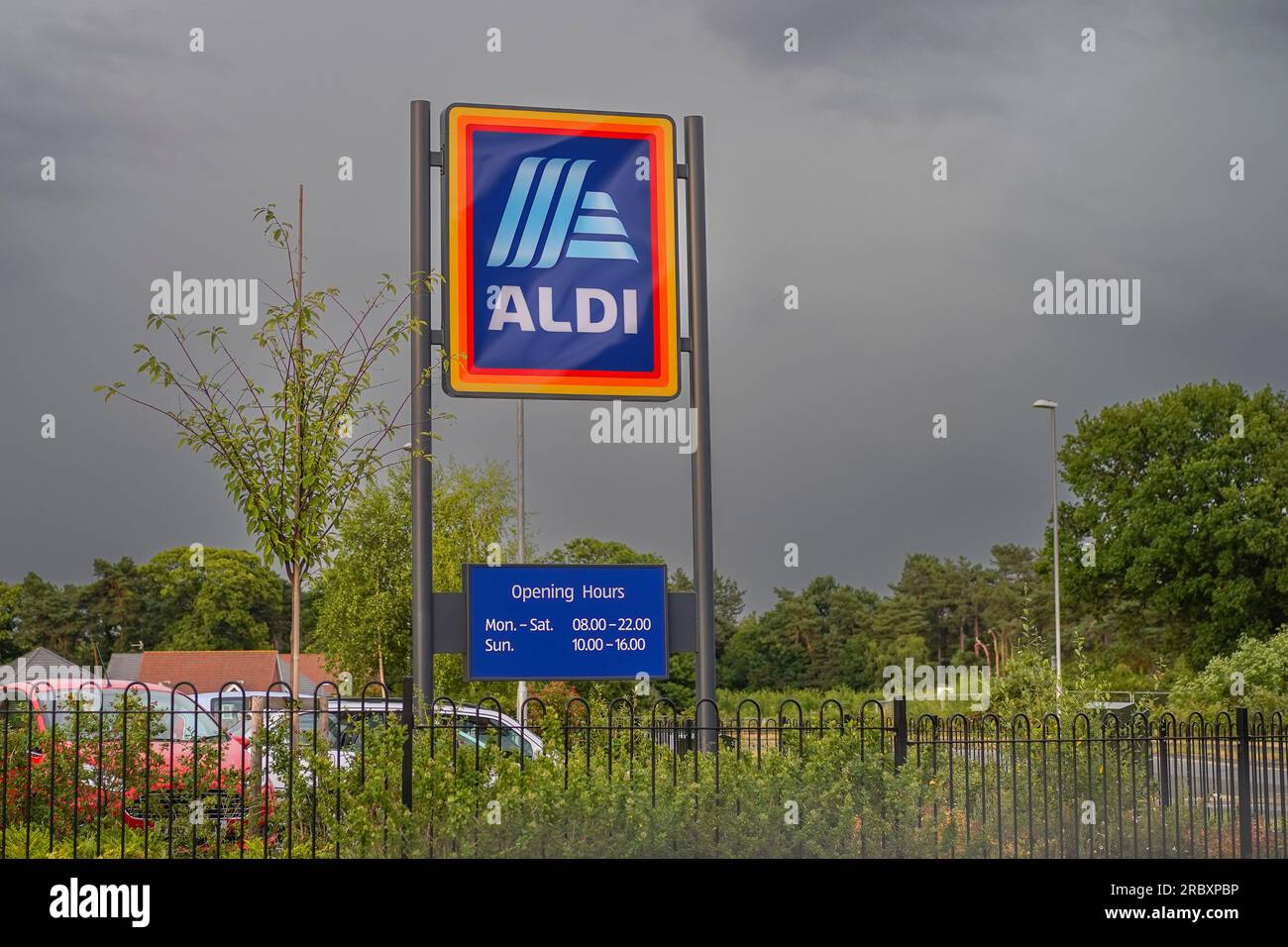 Outdoor sign for Aldi supermarket in Kidderminster, UK with moody ...