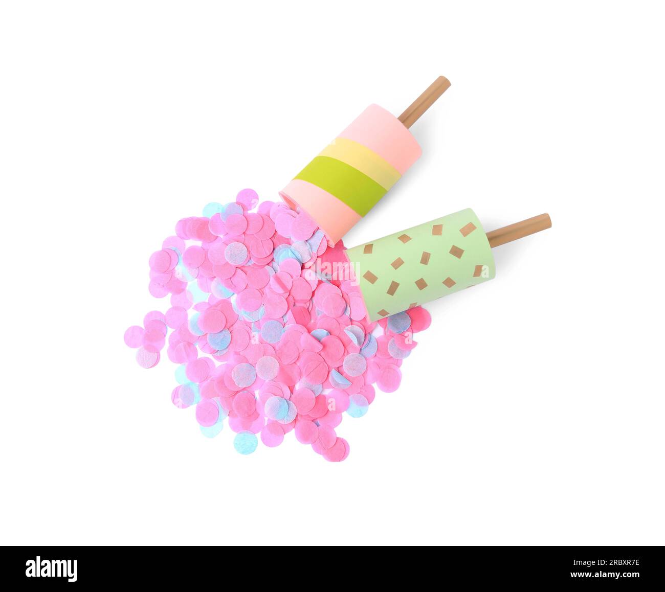 Colorful confetti with bright party crackers isolated on white, top ...