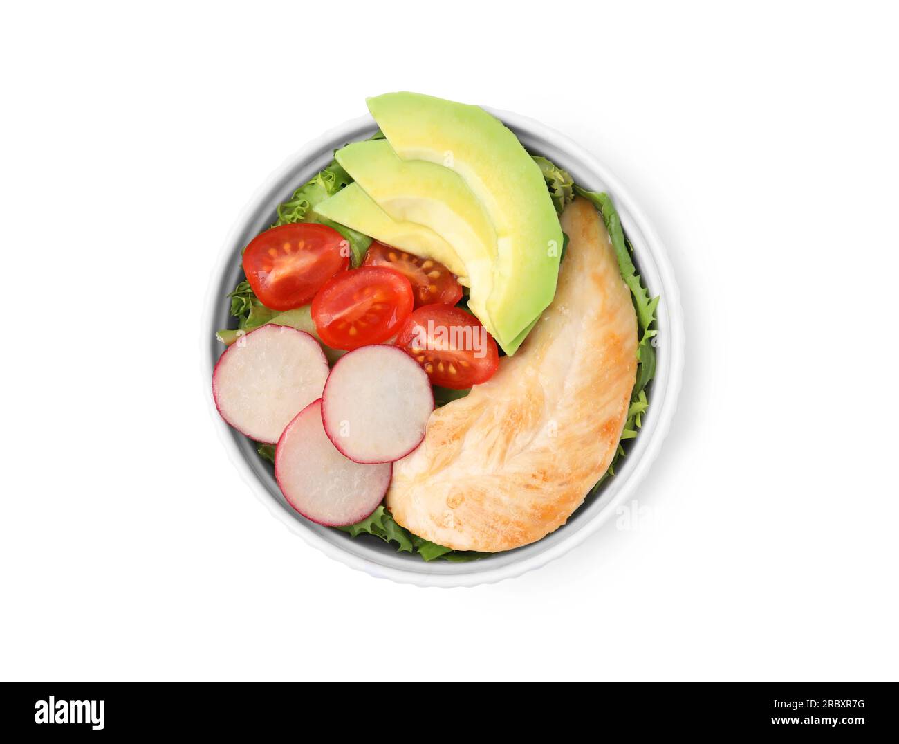 Delicious poke bowl with meat, avocado and vegetables isolated on white ...