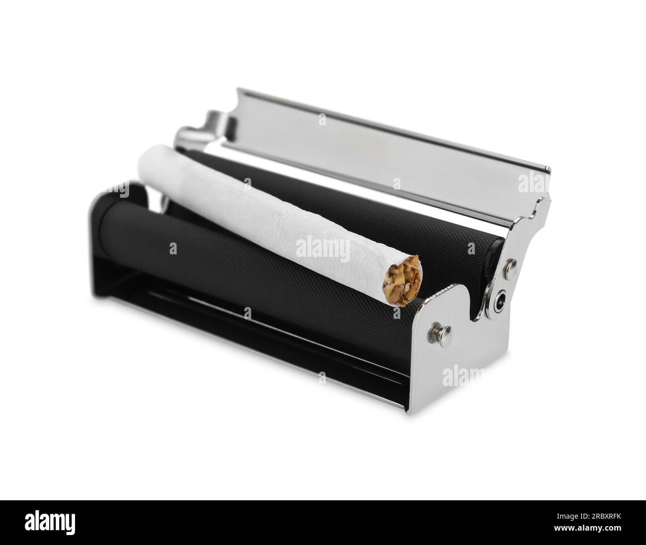 Manual roller with hand rolled tobacco cigarette isolated on white ...