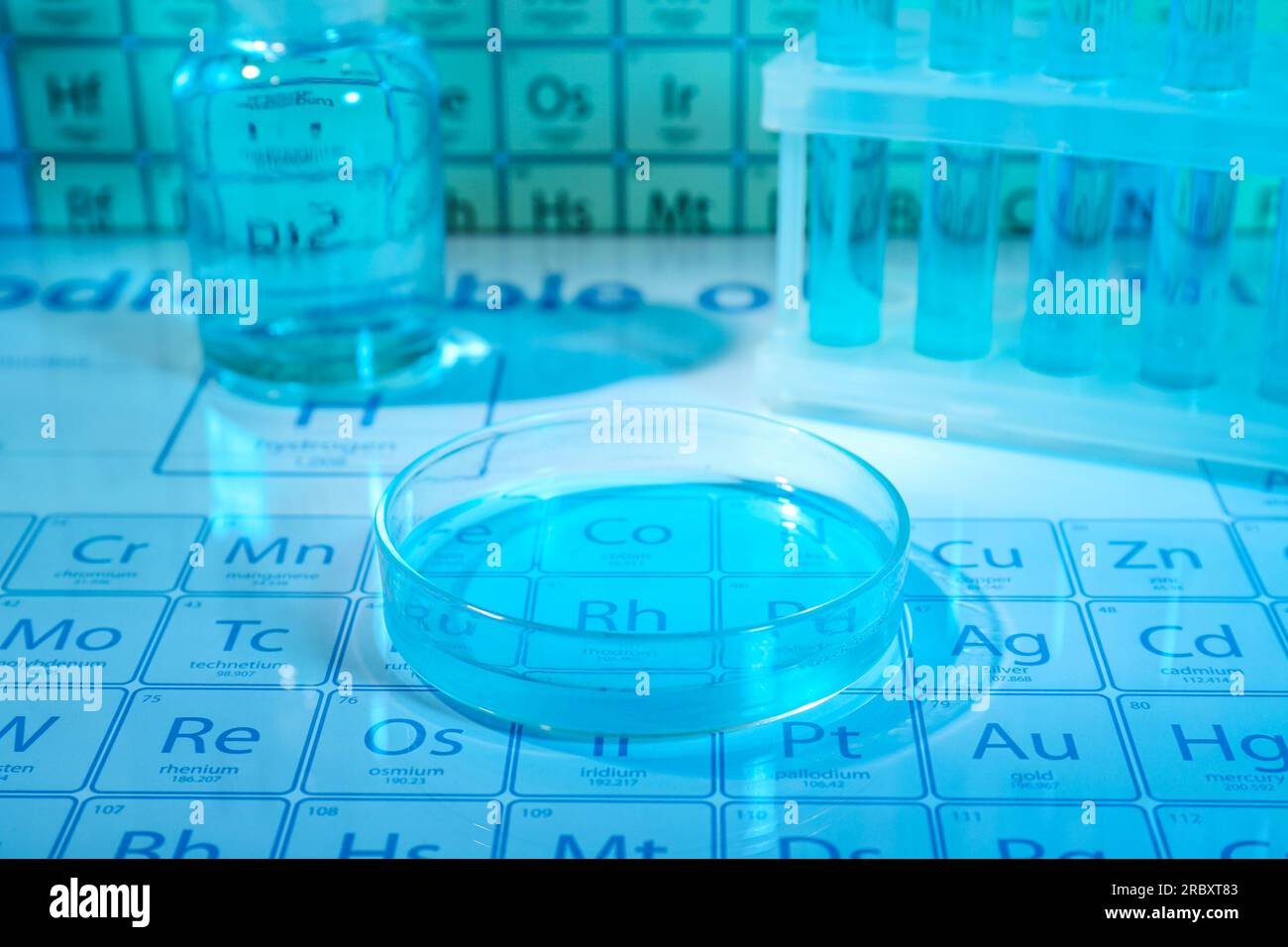 Petri dish on periodic table of elements, closeup. Color tone effect ...