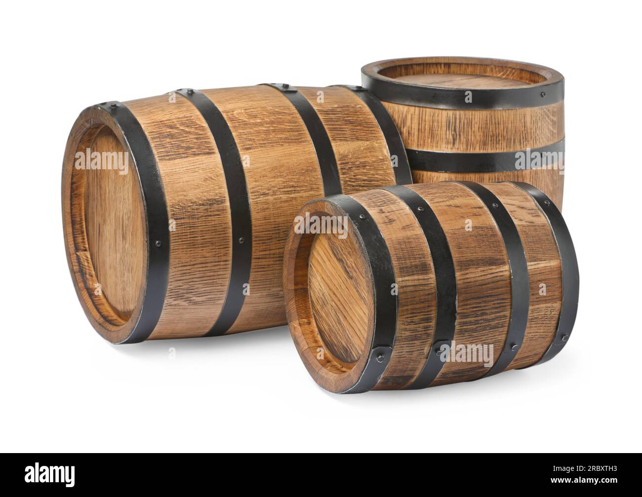 Three traditional wooden barrels on white background Stock Photo - Alamy