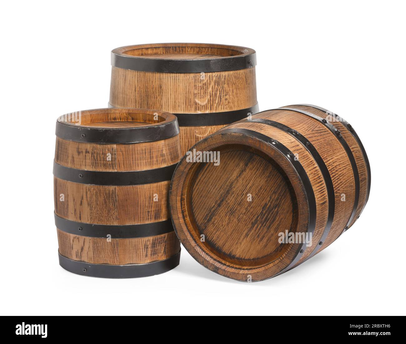 Three traditional wooden barrels on white background Stock Photo - Alamy