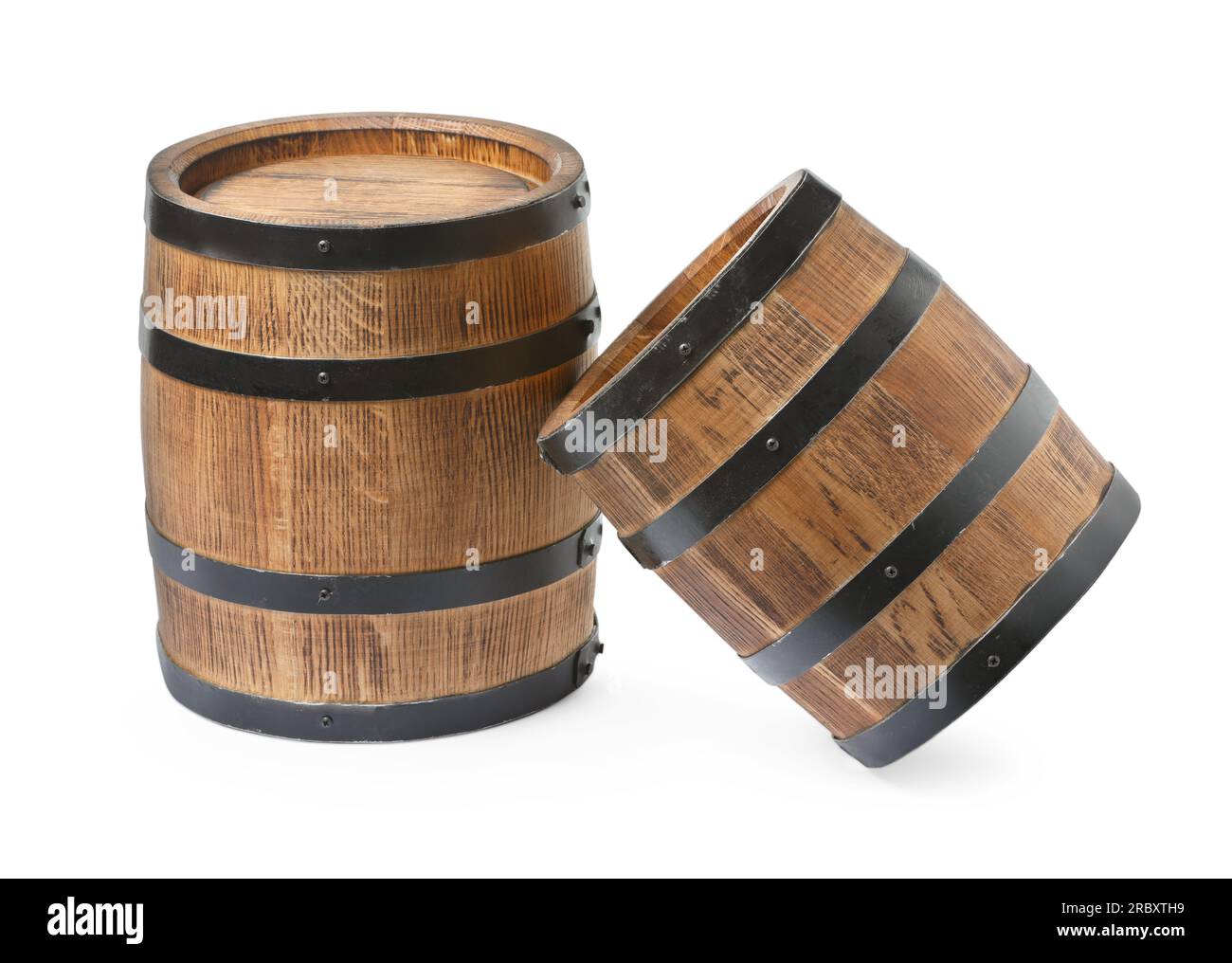 Two traditional wooden barrels on white background Stock Photo - Alamy