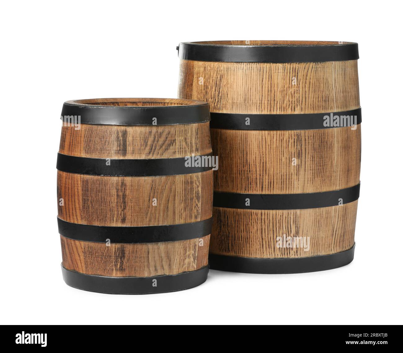 Two traditional wooden barrels isolated on white Stock Photo - Alamy