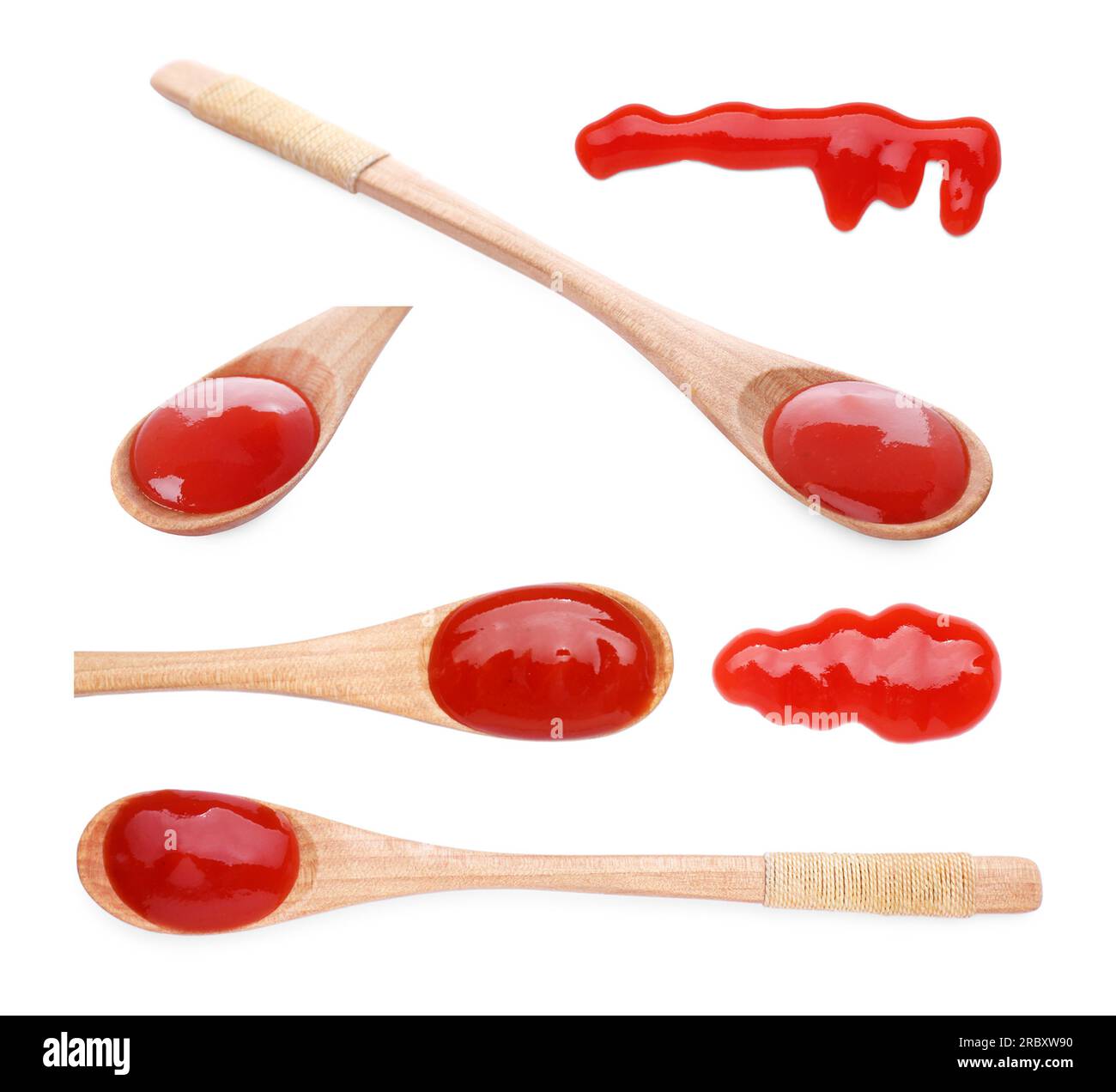 Set of tasty ketchup in wooden spoons and smears on white background ...