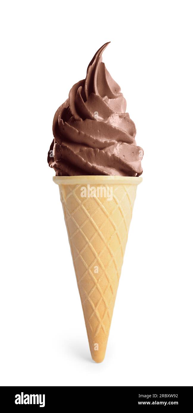 Delicious soft serve chocolate ice cream in crispy cone isolated on white Stock Photo - Alamy