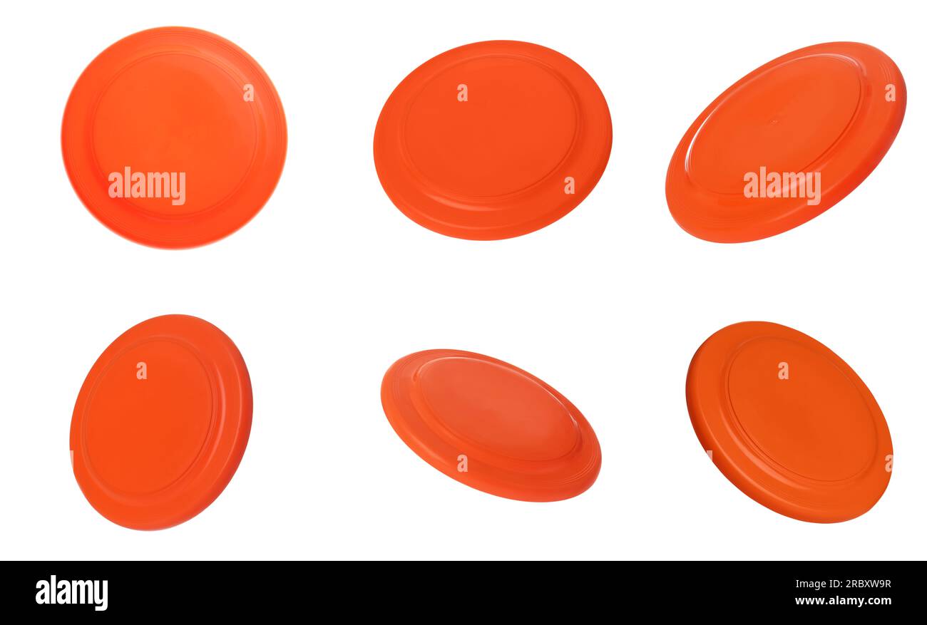 Set of orange frisbee on white background, different views Stock Photo ...
