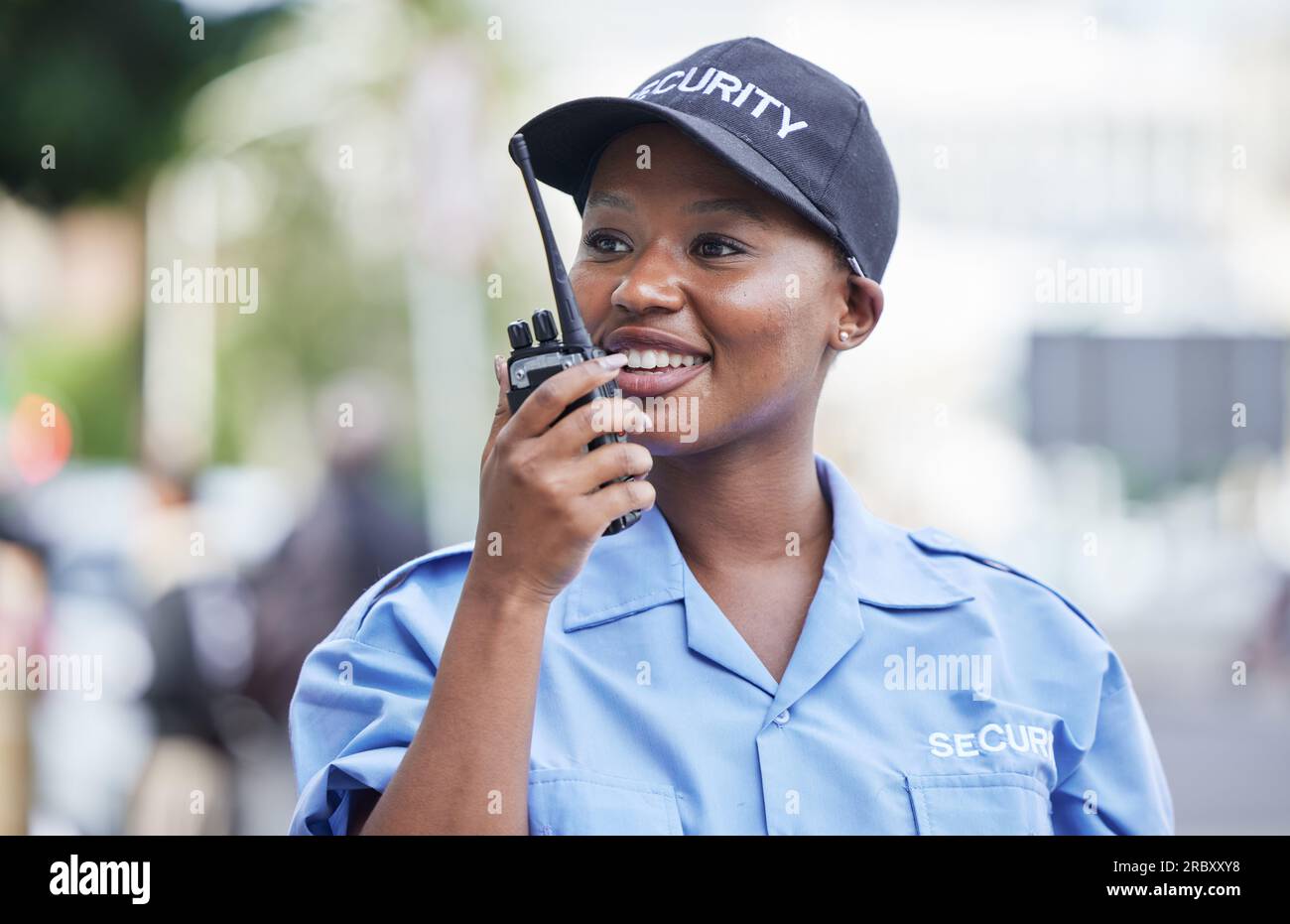Woman, security guard and radio in street, city and communication for ...
