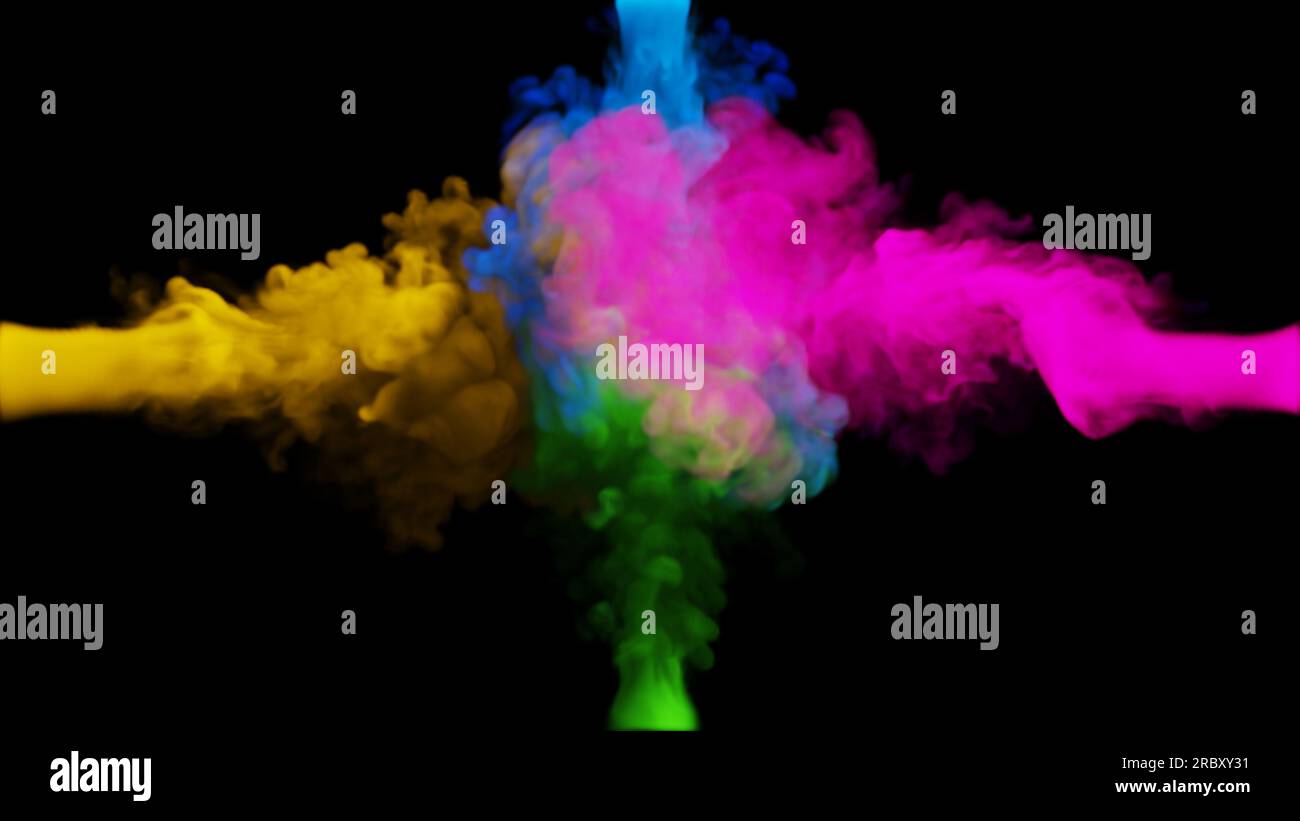 Clubs of multi-colored smoke collide from four sides on a black ...