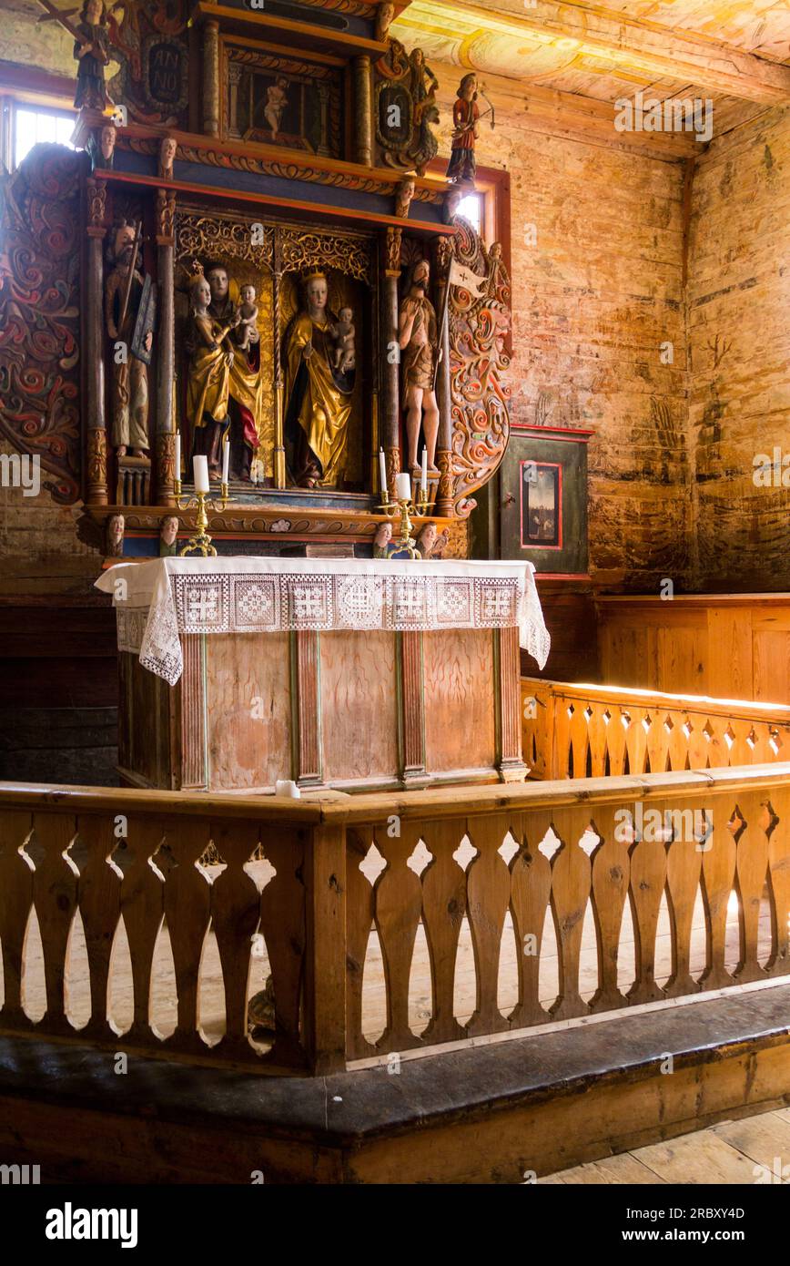Wooden Altar inside Kvernes Stave Church located in a beautiful area in ...