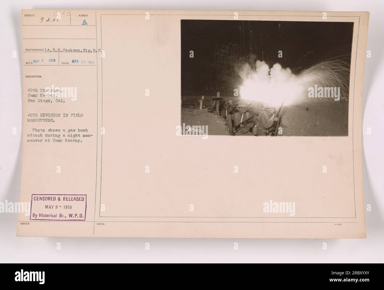 A gas bomb attack takes place during a night maneuver at Camp Kearny ...