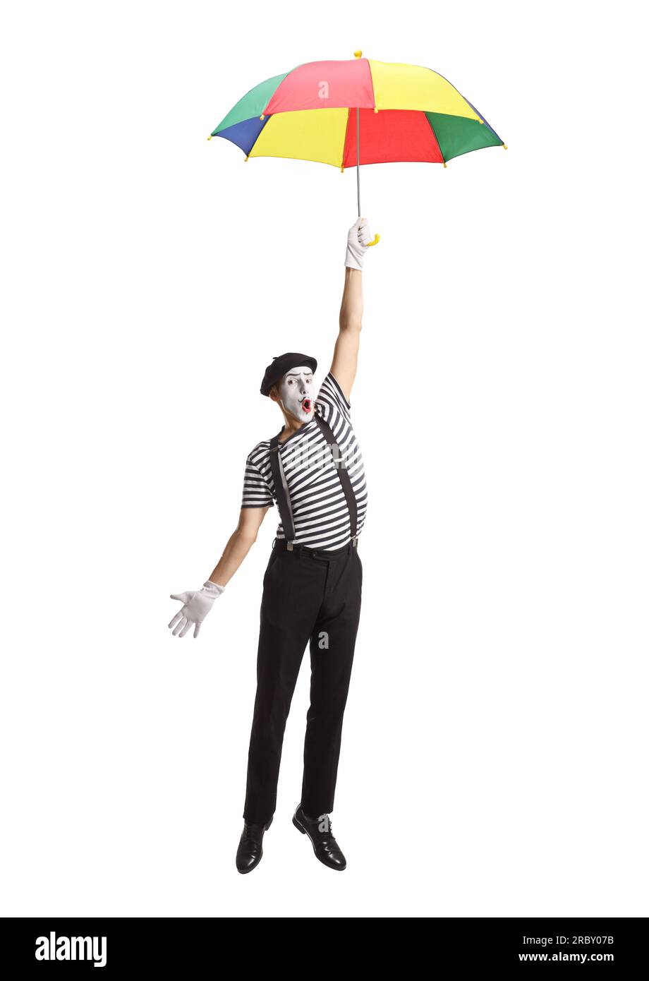 Mime flying and holding a colorful umbrella isolated on white ...