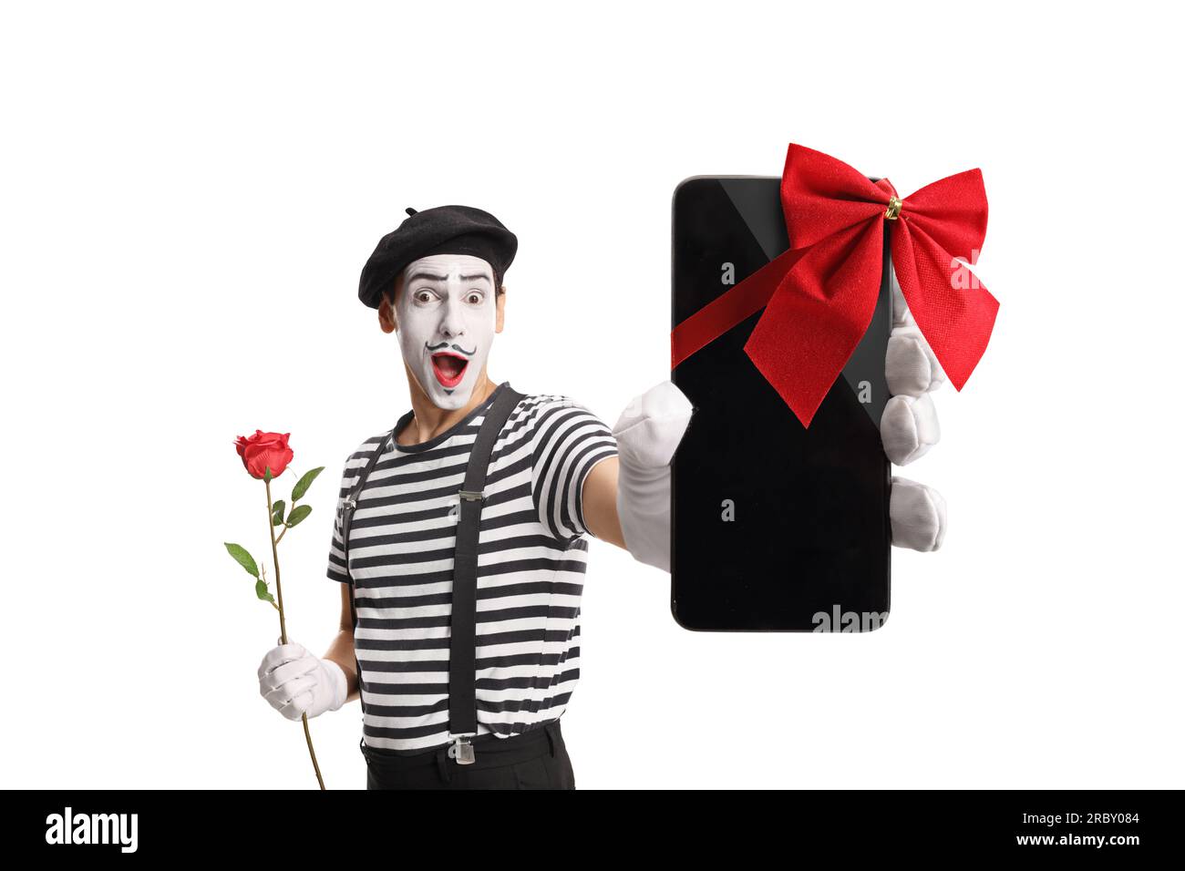 Mime holding a red rose and showing a smartphone with a red bow ...