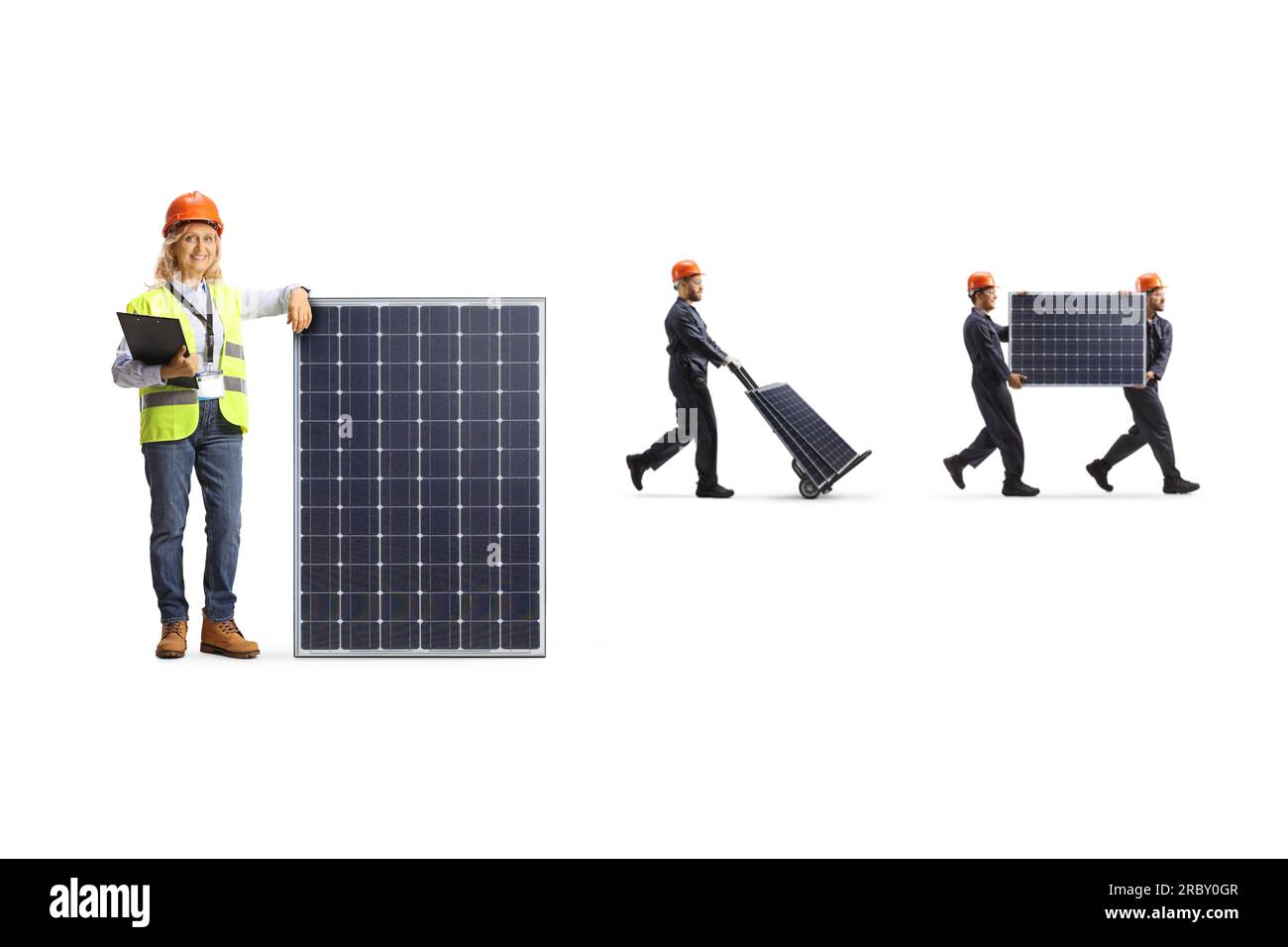 Female engineer posing with a solar panel and workers carrying panels ...