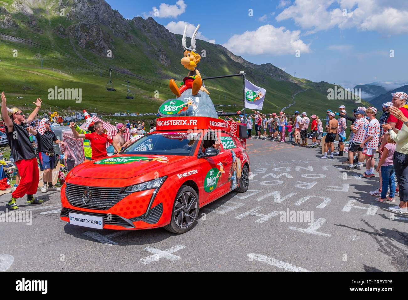 Col du Tourmalet, France - July 06 2023: Caravan car at the top of the ...