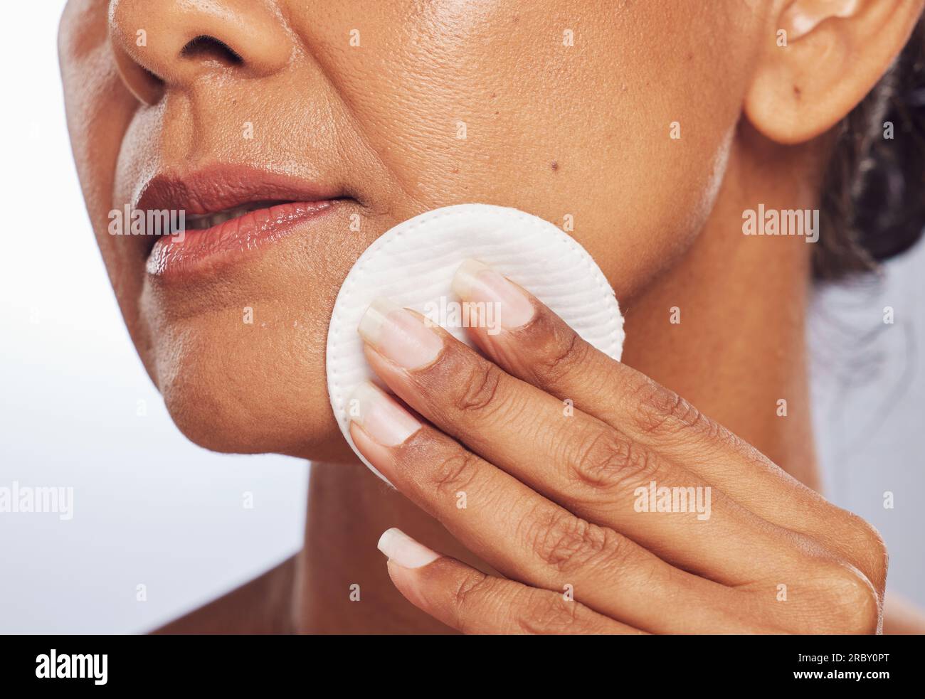 Beauty, closeup or woman with cotton pad for dermatology, wellness or ...