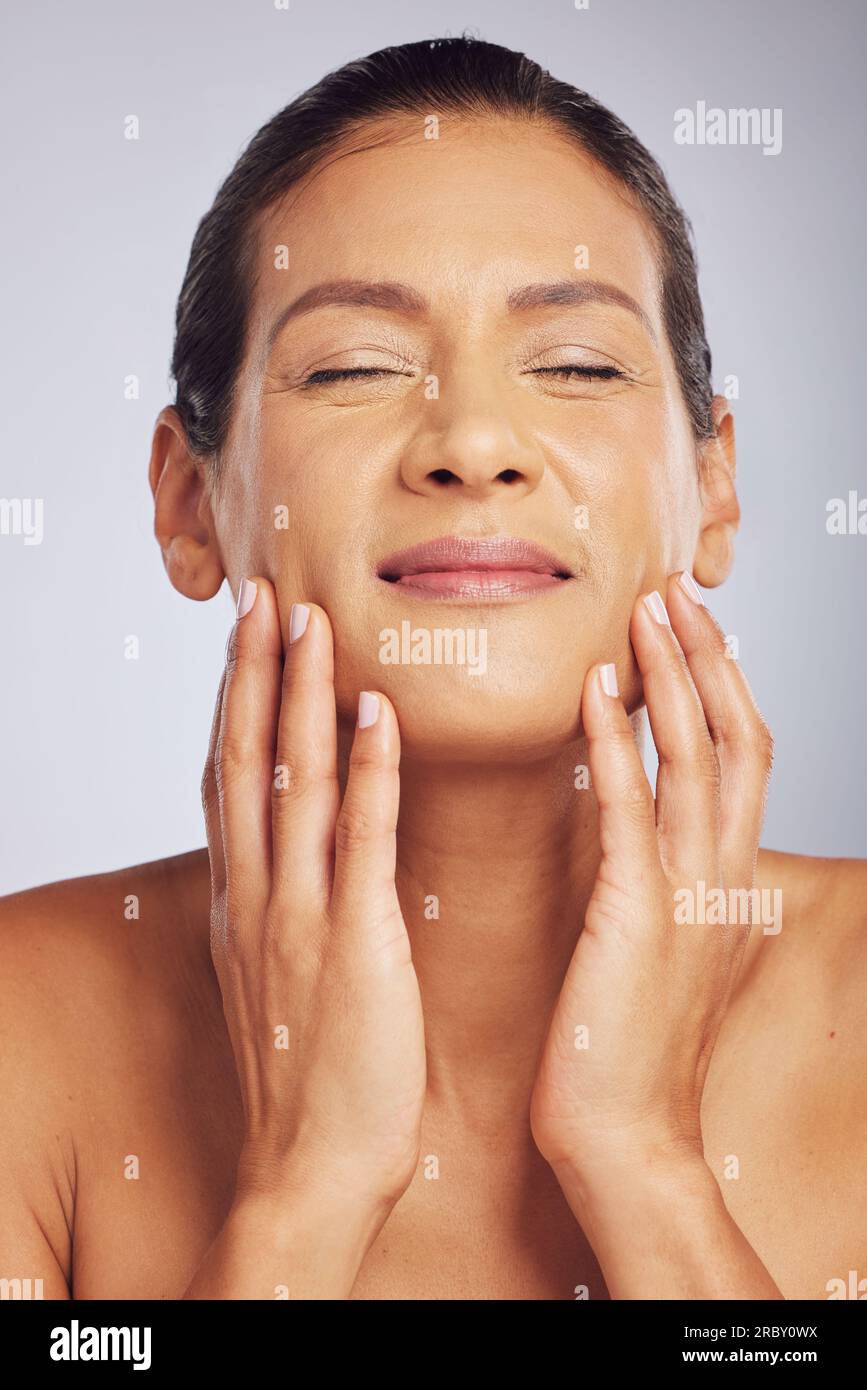 Cosmetics, dermatology and woman with skincare, makeup and grooming ...