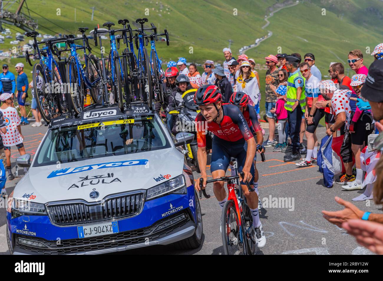 Col du Tourmalet, France - July 06 2023: Tom Pidcock climbig the road ...