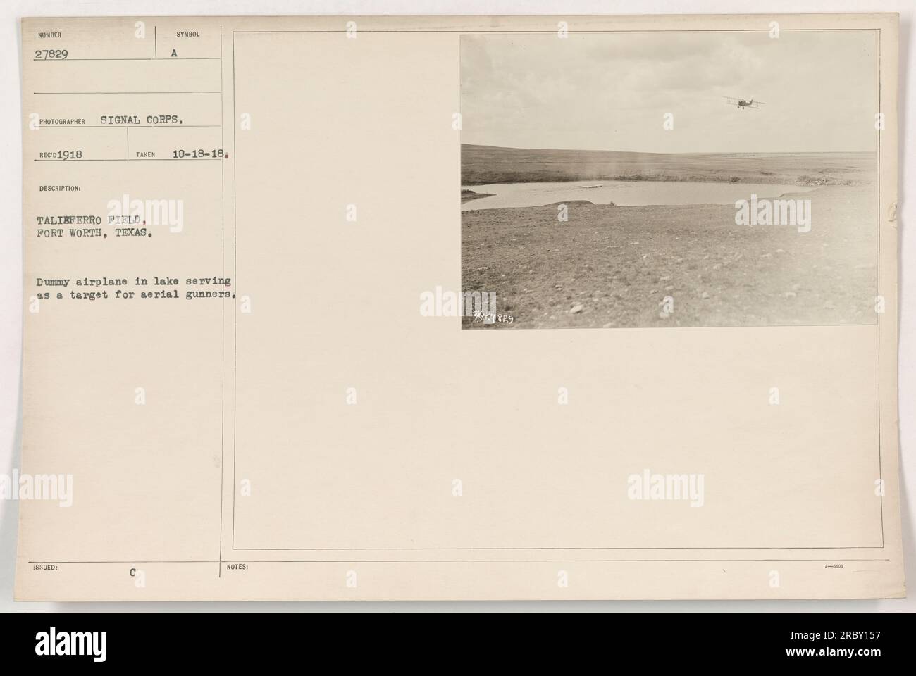 A dummy airplane in a lake at Taliaferro Field, Fort Worth, Texas ...