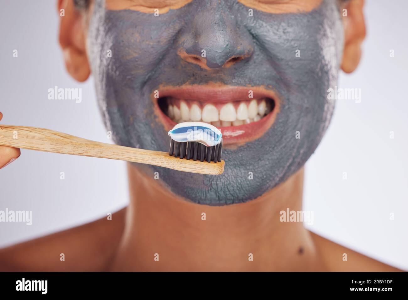 Beauty, face mask and teeth, woman and toothbrush with dental health ...