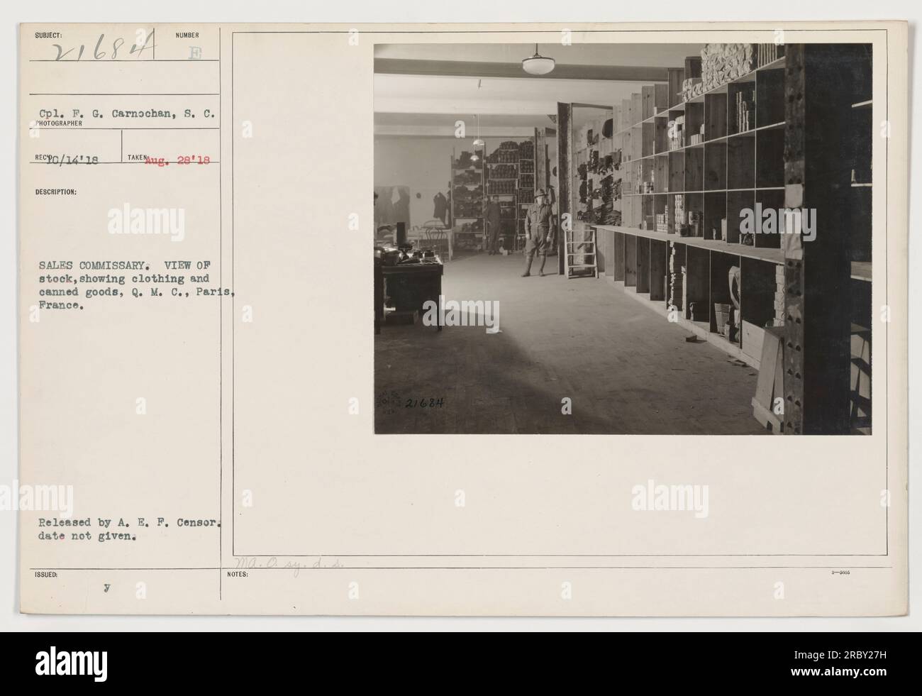 Cpl. F.G. Carnochan at the Sales Commissary in Paris, France, during ...