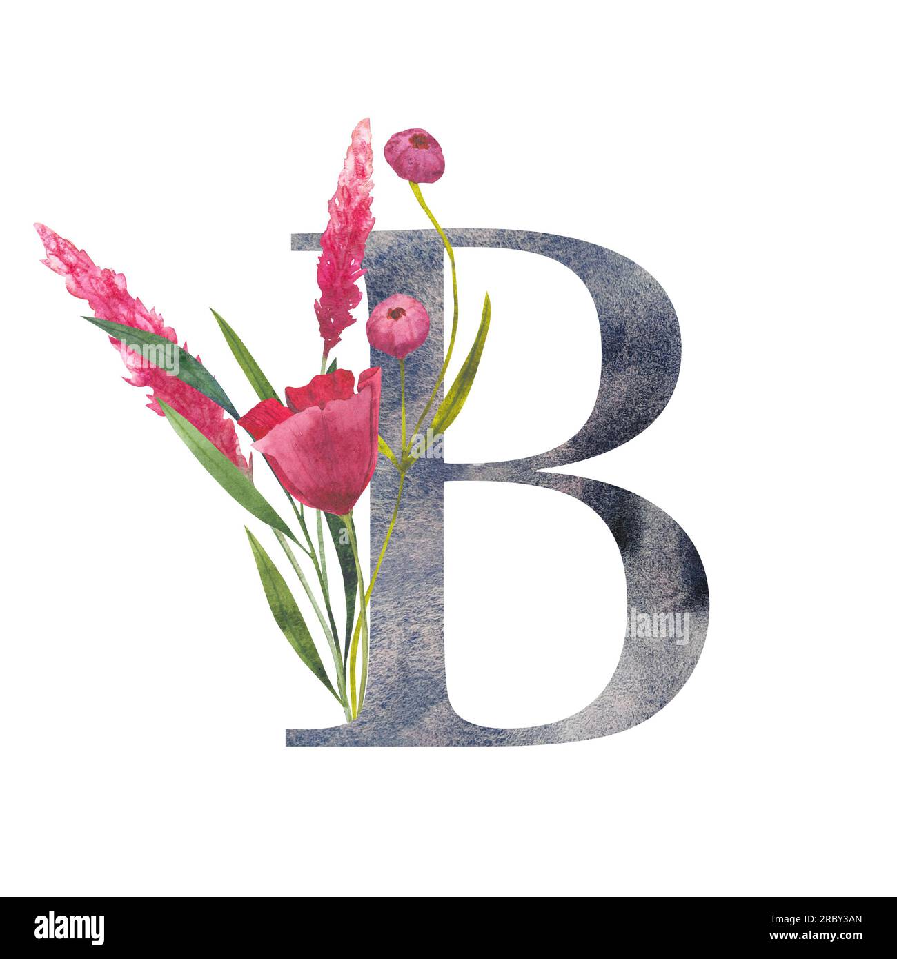 Letter B with watercolor wildflowers. Floral alphabet, set isolated ...