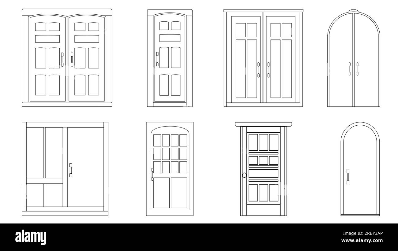 Set of doors in outline style isolated on white background. Vector ...