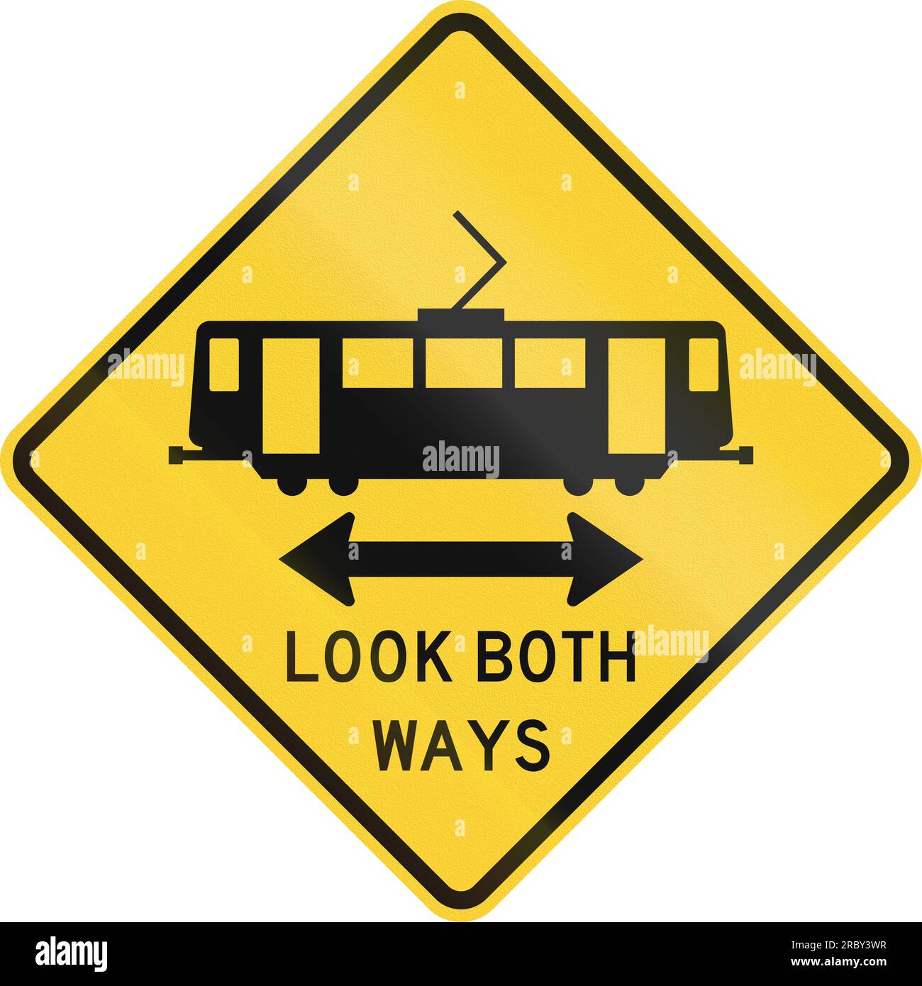 US warning traffic sign: Light rail crossing ahead - Look both ways ...