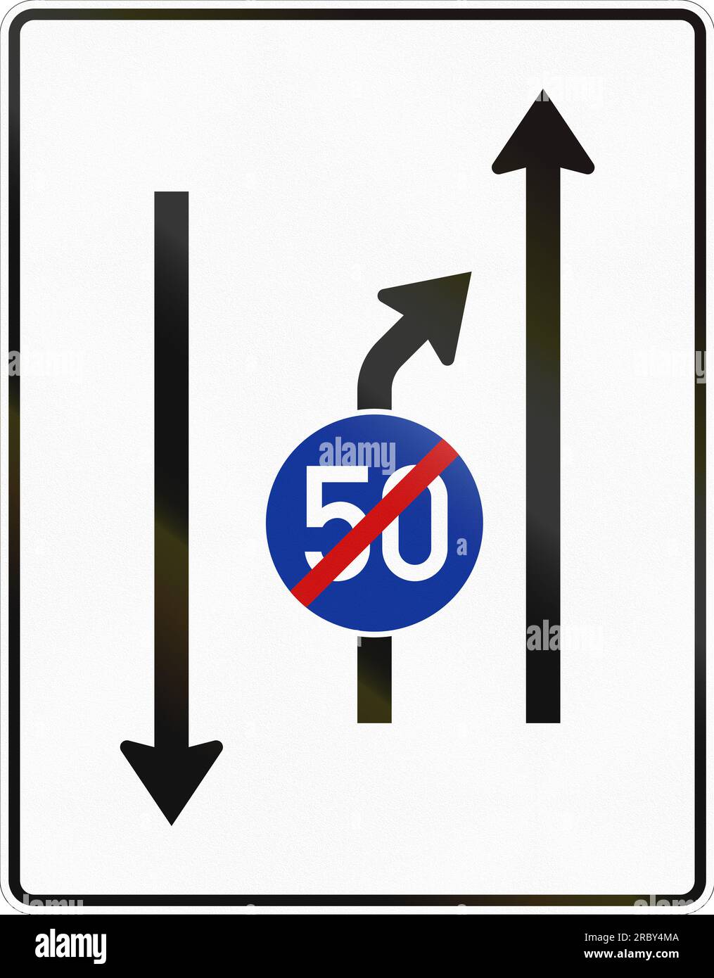 German road sign: Second lane with minimum speed ends. Oncoming traffic ...