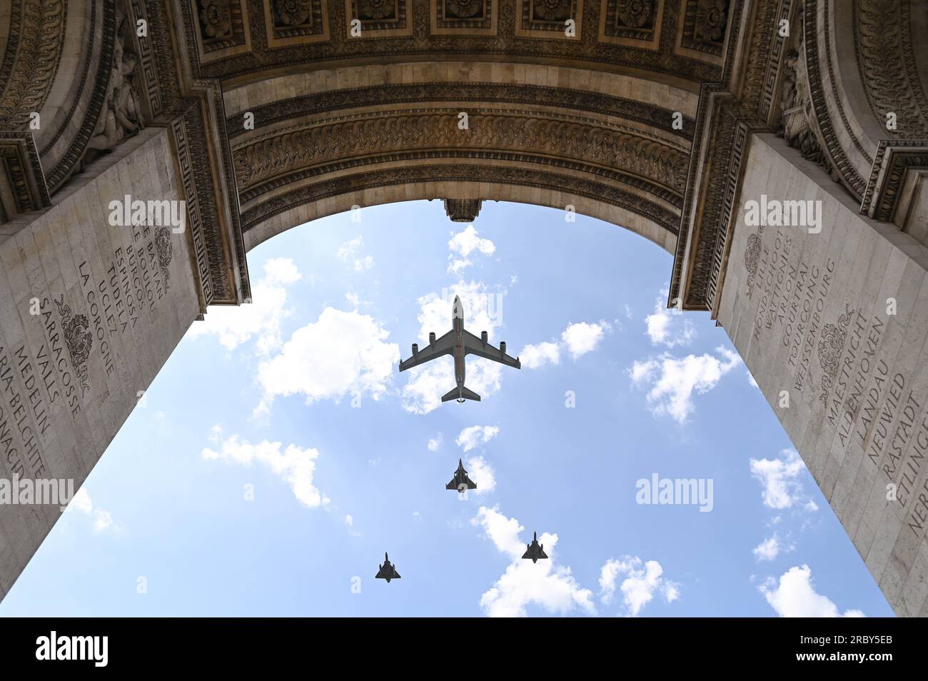 Paris, France. 11th July, 2023. Illustration of a C-135 followed by ...