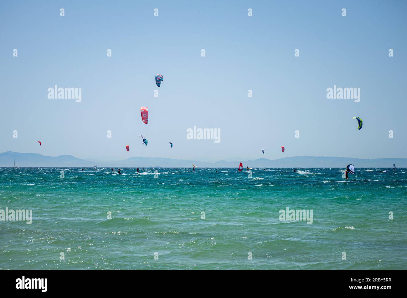 TARIFA, SPAIN - JUNE 17, 2023: Kitesurfing on Valdevaqueros beach ...