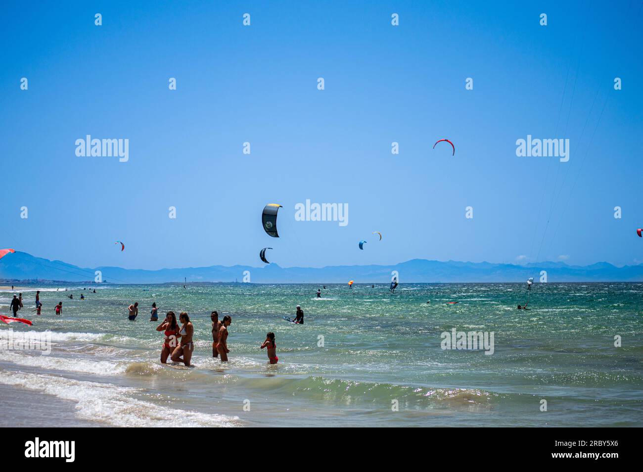 TARIFA, SPAIN - JUNE 17, 2023: Kitesurfing on Valdevaqueros beach ...
