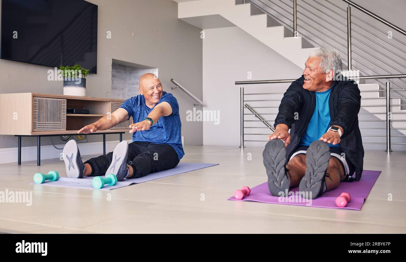 Elderly, home or men stretching legs for fitness together for training ...