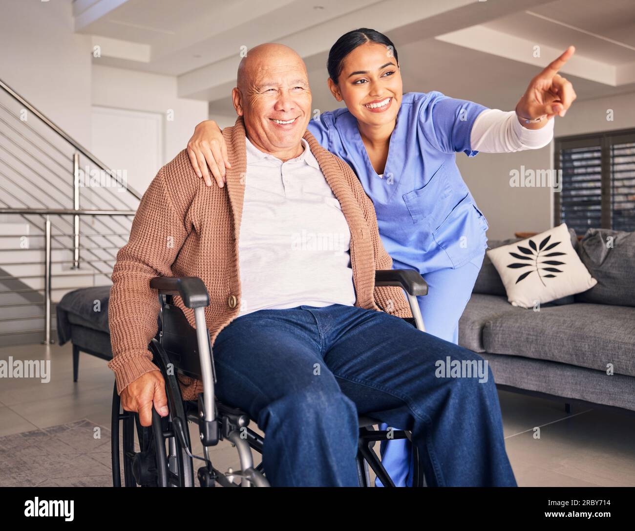Old man, wheelchair or happy caregiver pointing or talking with healthcare support at nursing ...