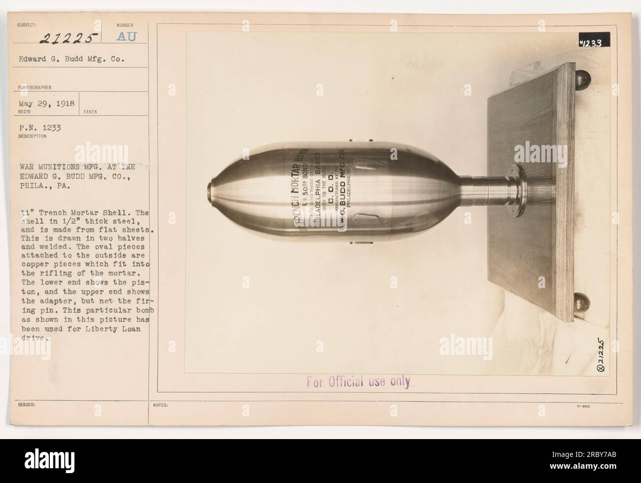 An 11" Trench Mortar Shell made by the Edward G. Budd Mfg. Co. in ...
