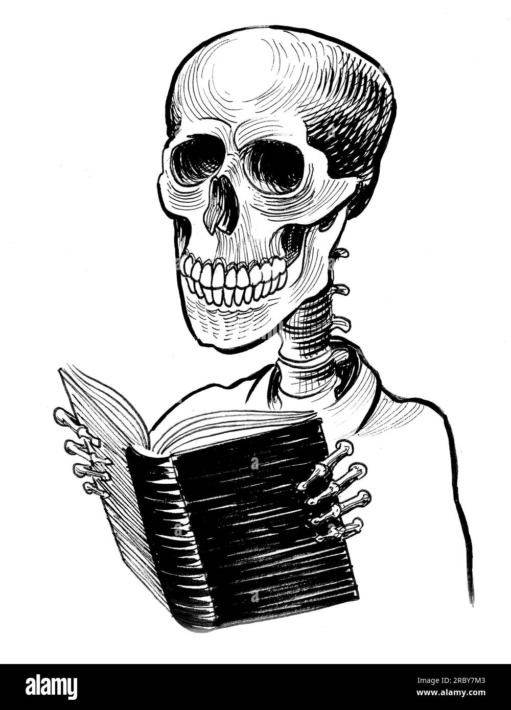 Skeleton reading a book. Ink black and white drawing Stock Photo - Alamy
