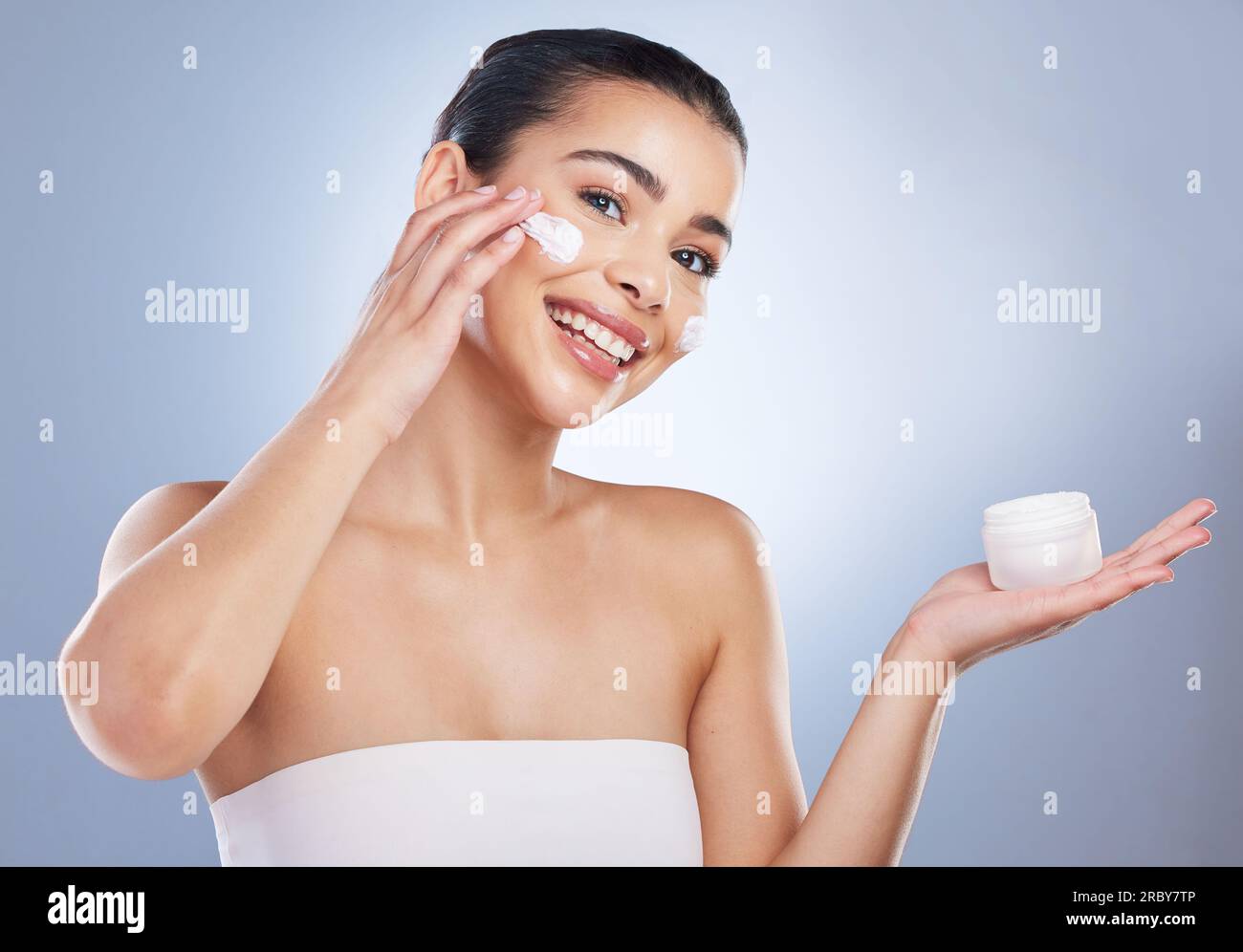 Skincare, face cream and portrait of woman in studio for natural ...